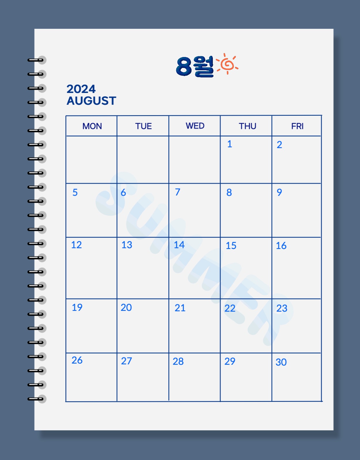 8월 평일 스케줄 다이어리| tooldi