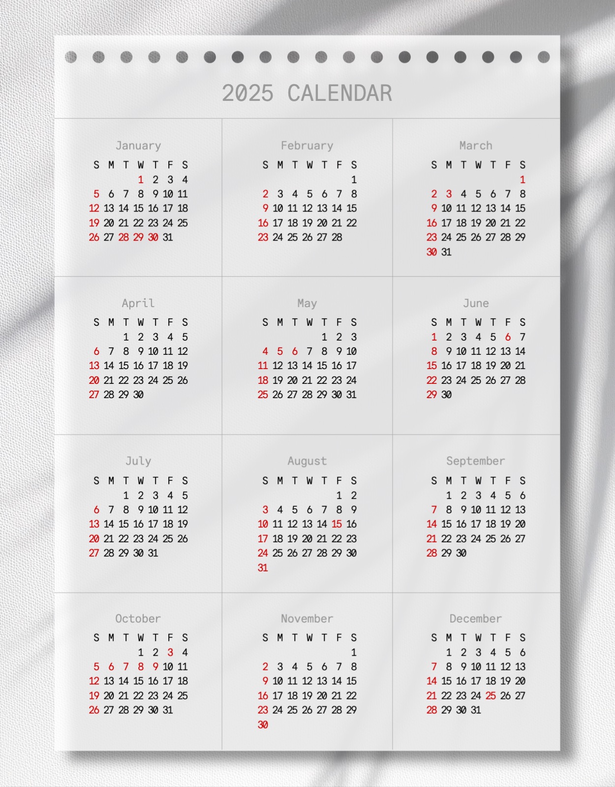 2025년 한 장 달력 속지 굿노트| 툴디(tooldi)